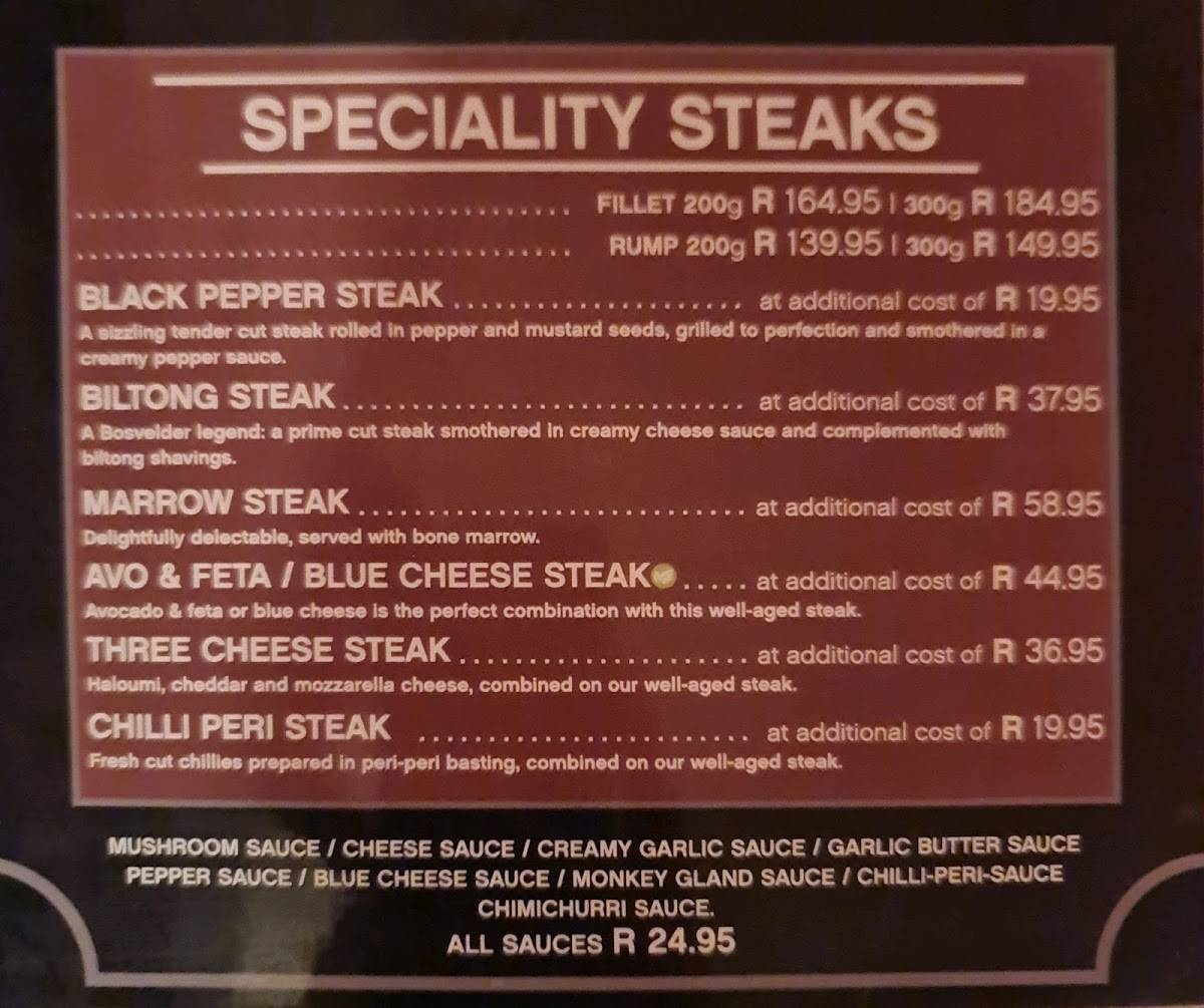 Menu at Bosvelder Pub & Restaurant, Centurion