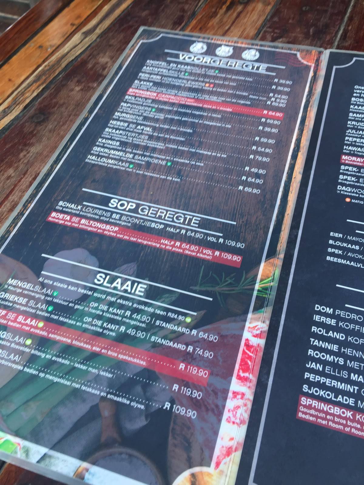 Menu at Bosvelder Pub & Restaurant, Centurion