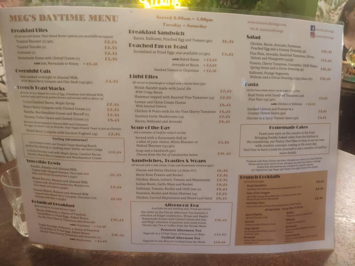 Menu at Botanical Lounge cafe, Colwyn Bay