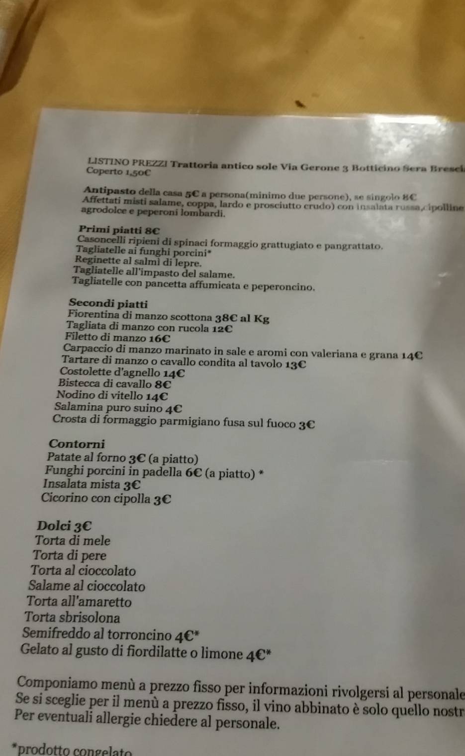 Menu da Trattoria Antico Sole-Le Piante- ristorante, Botticino Sera