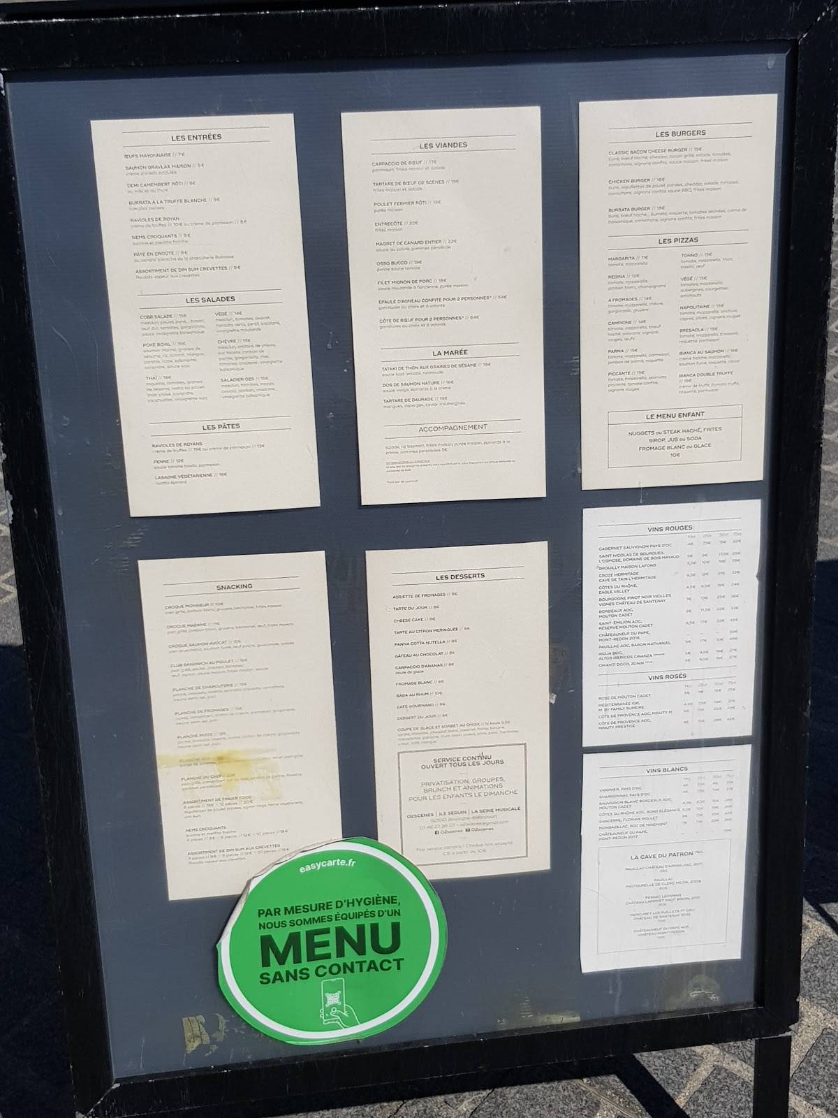Menu au O 2 SCENES RESTAURANT, Boulogne-Billancourt