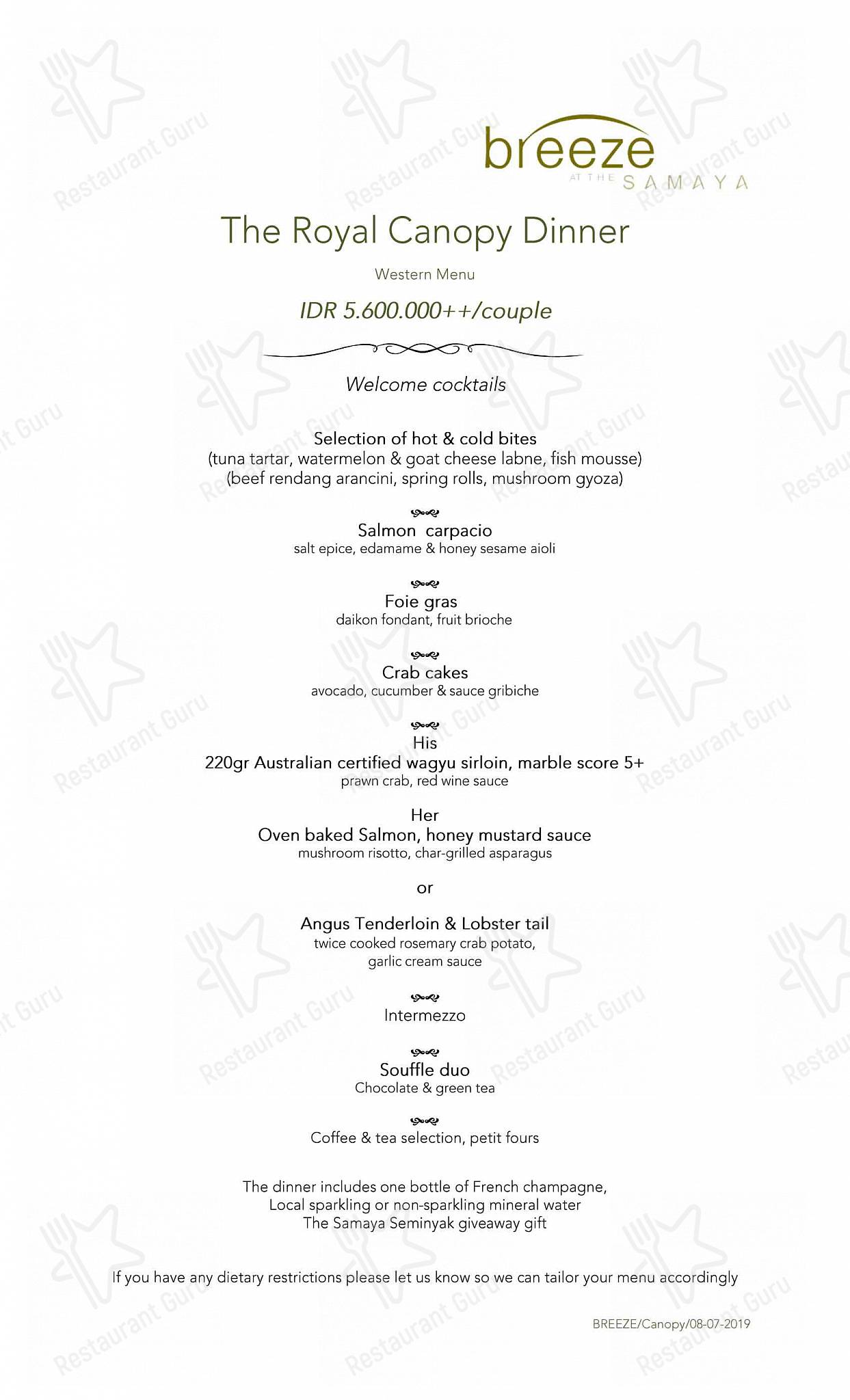 Menu at Breeze at The Samaya Seminyak restaurant, Mengwi, Jl. Laksmana