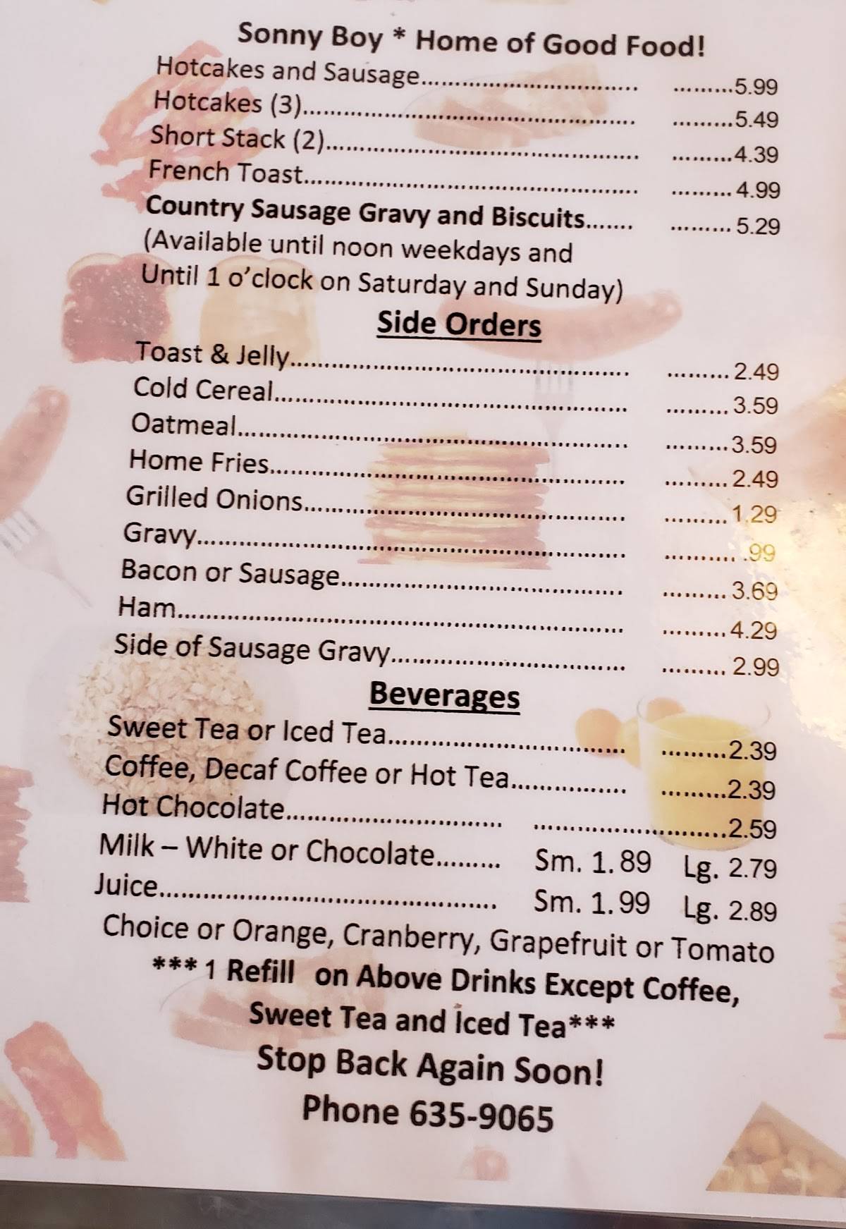 Menu at Sonny Boy Restaurant, Bridgeport