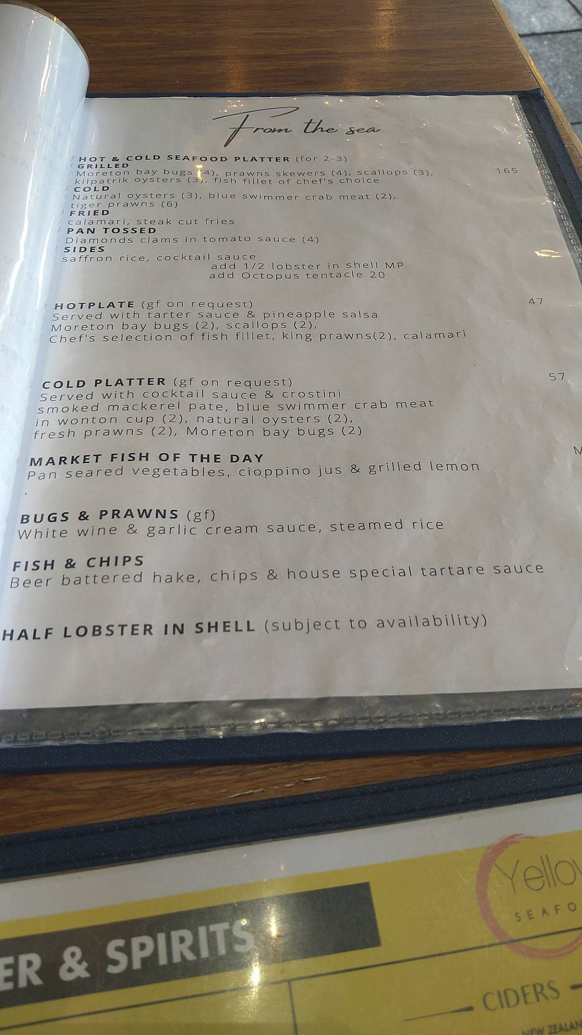 Menu at Sage Yellowfin restaurant, South Brisbane