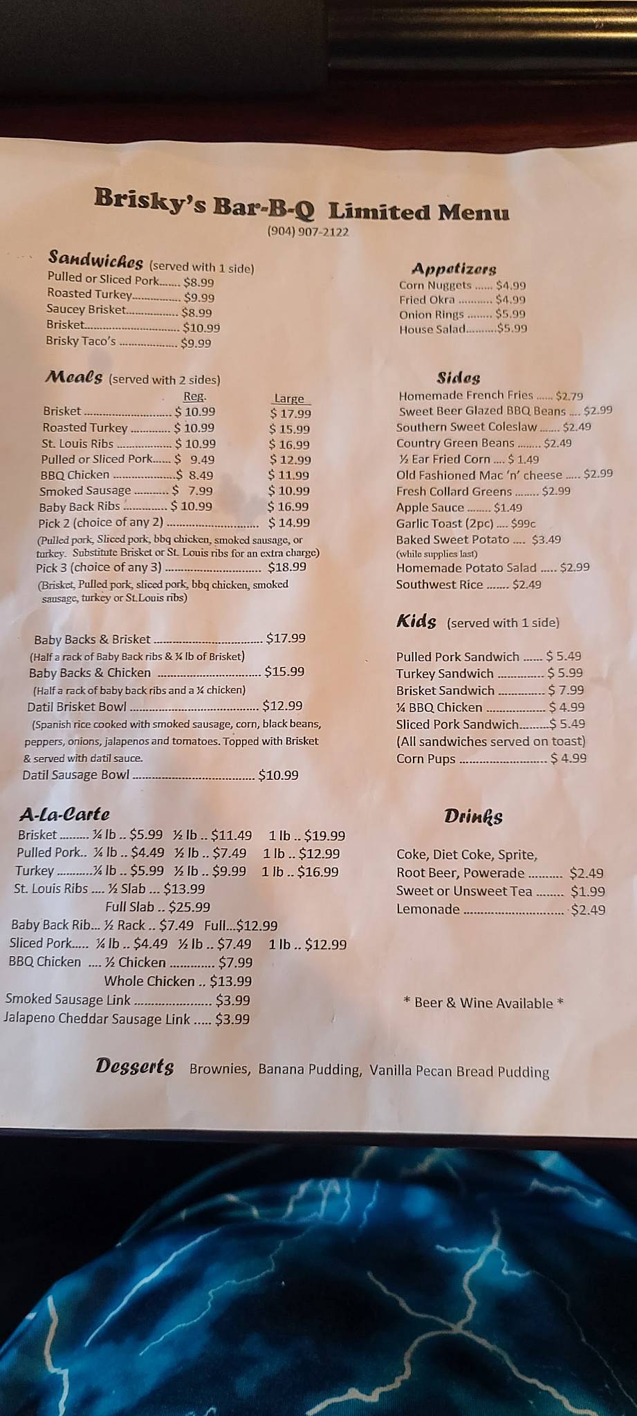 Menu at Brisky's BBQ, St. Augustine
