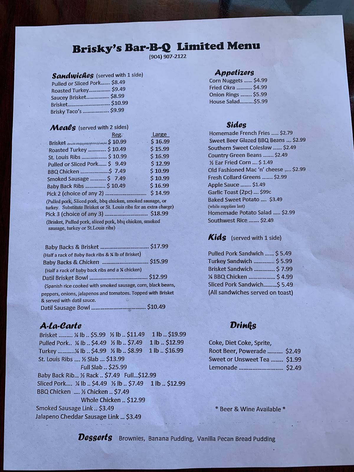 Menu at Brisky's BBQ, St. Augustine