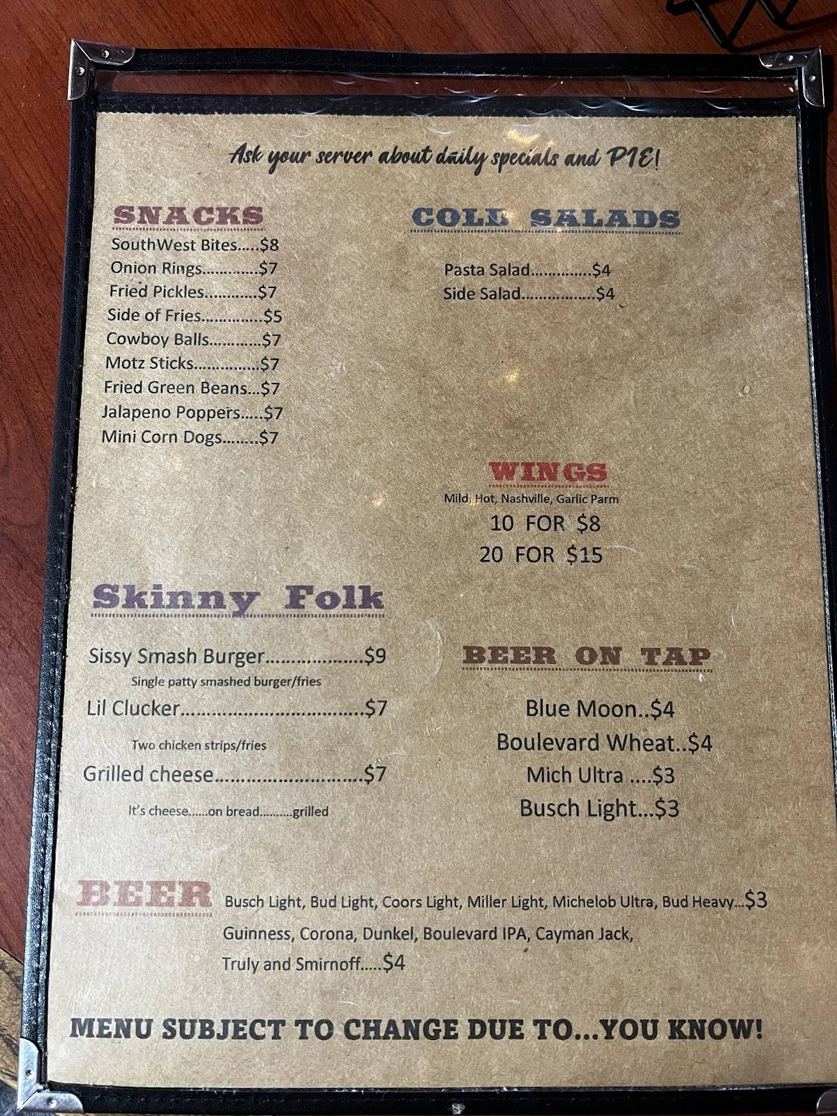 Menu at Broken Dollar Saloon restaurant, Odessa