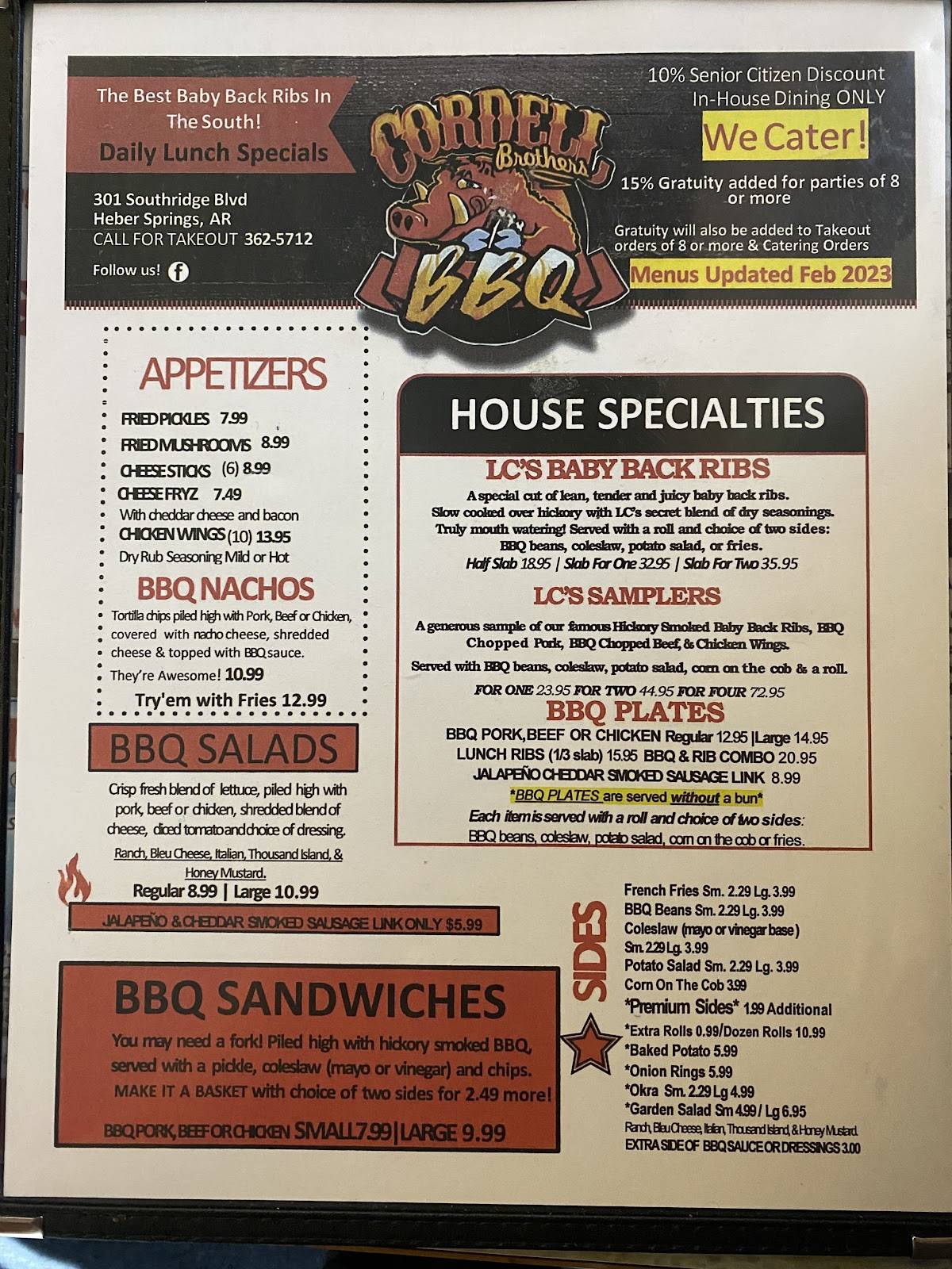 Menu at Brothers BBQ, Heber Springs