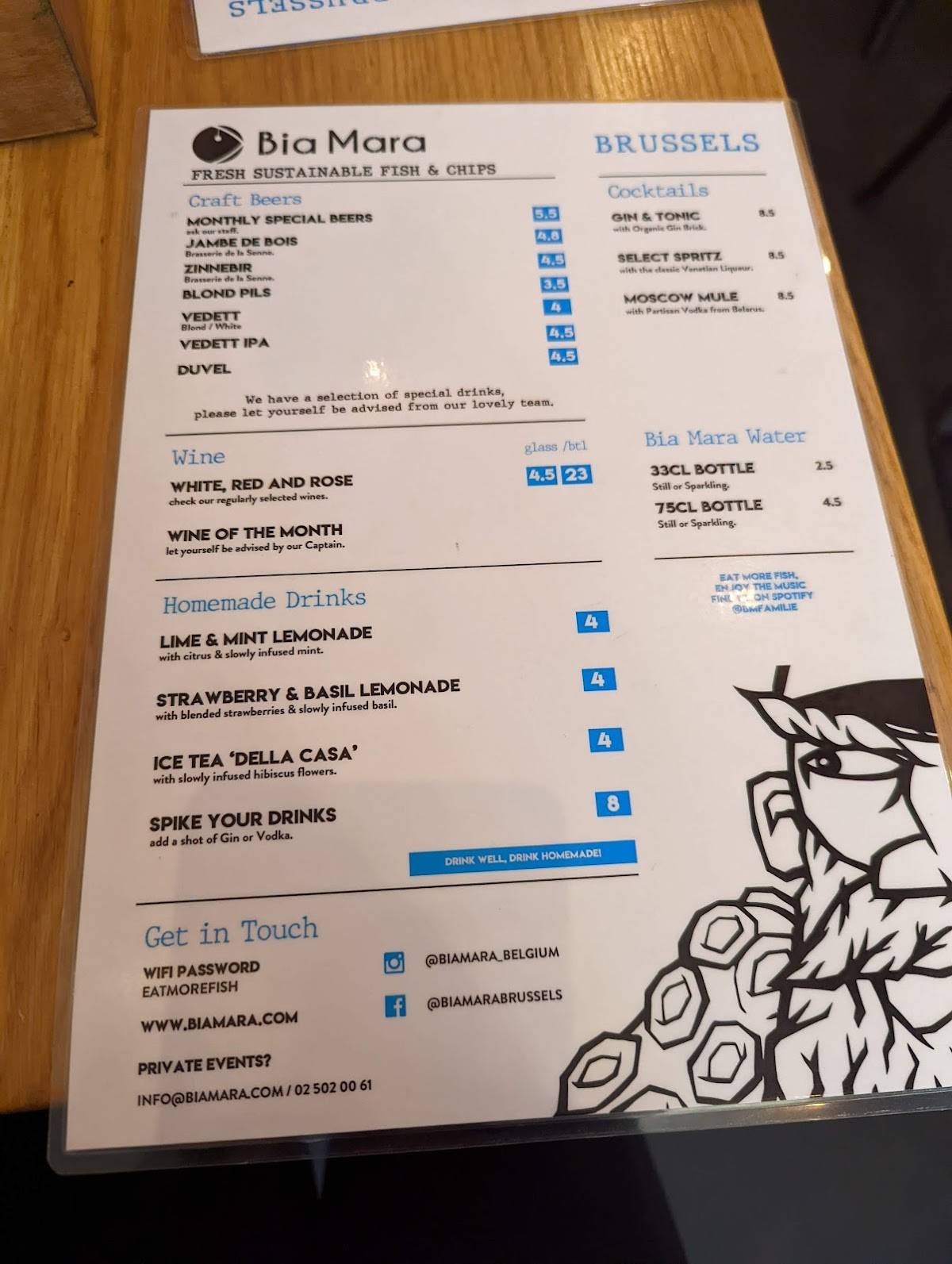 Menu at Bia Mara, Brussels, Rue du Marché aux Poulets 41