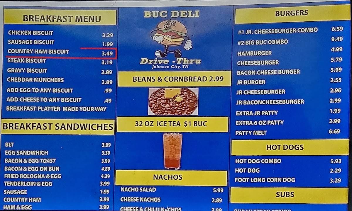 Menu at Buc Deli Drive-Thru restaurant, Johnson City