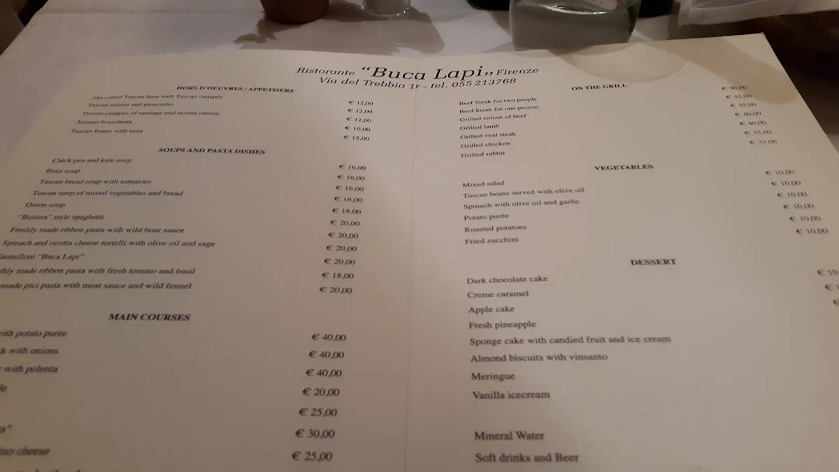 Menu at Buca Lapi restaurant, Florence