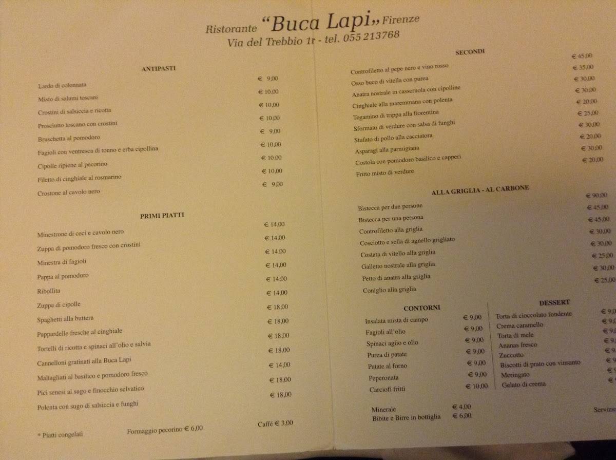 Menu at Buca Lapi restaurant, Florence