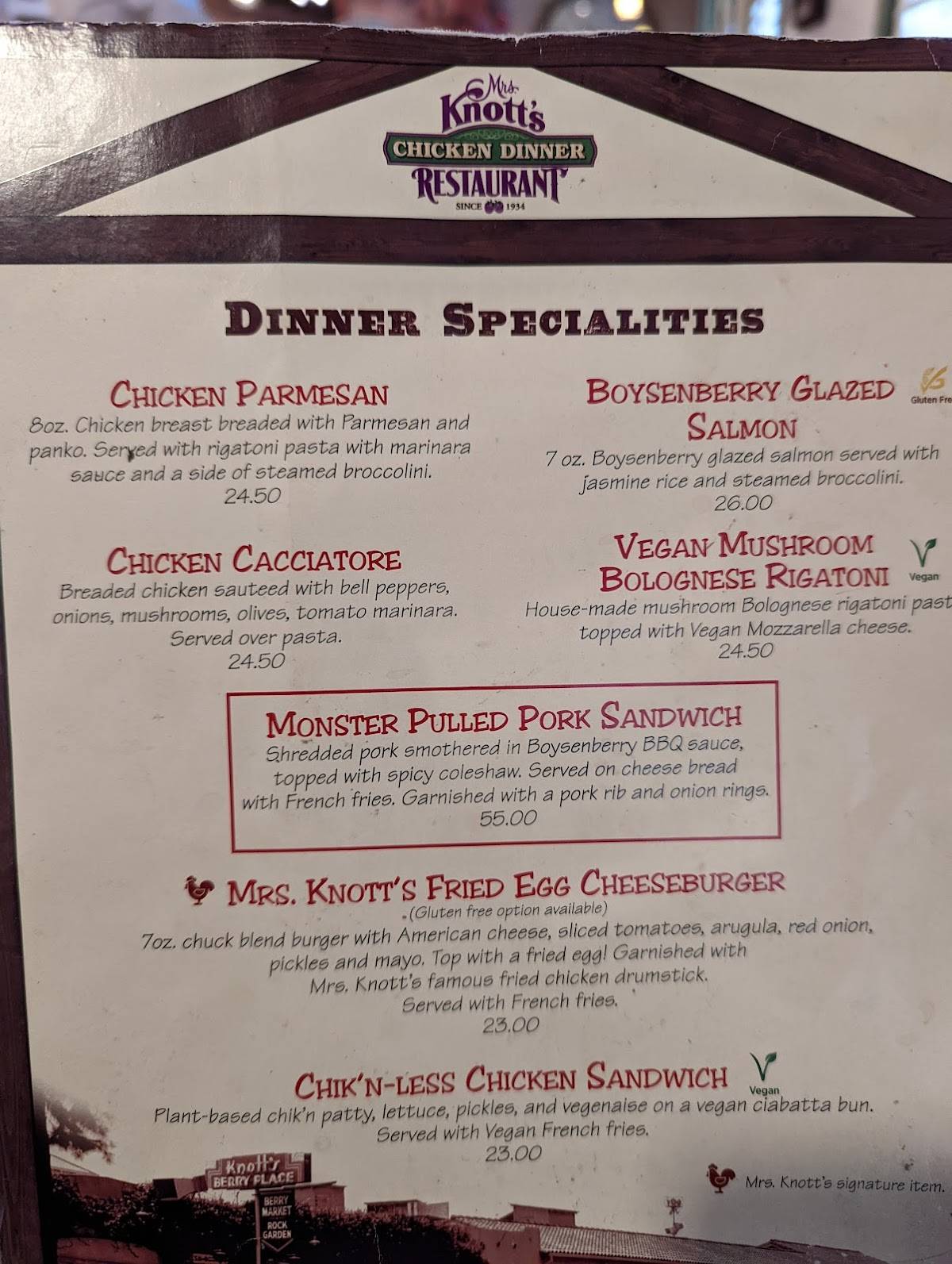 Menu at Mrs. Knott's Chicken Dinner Restaurant, Buena Park