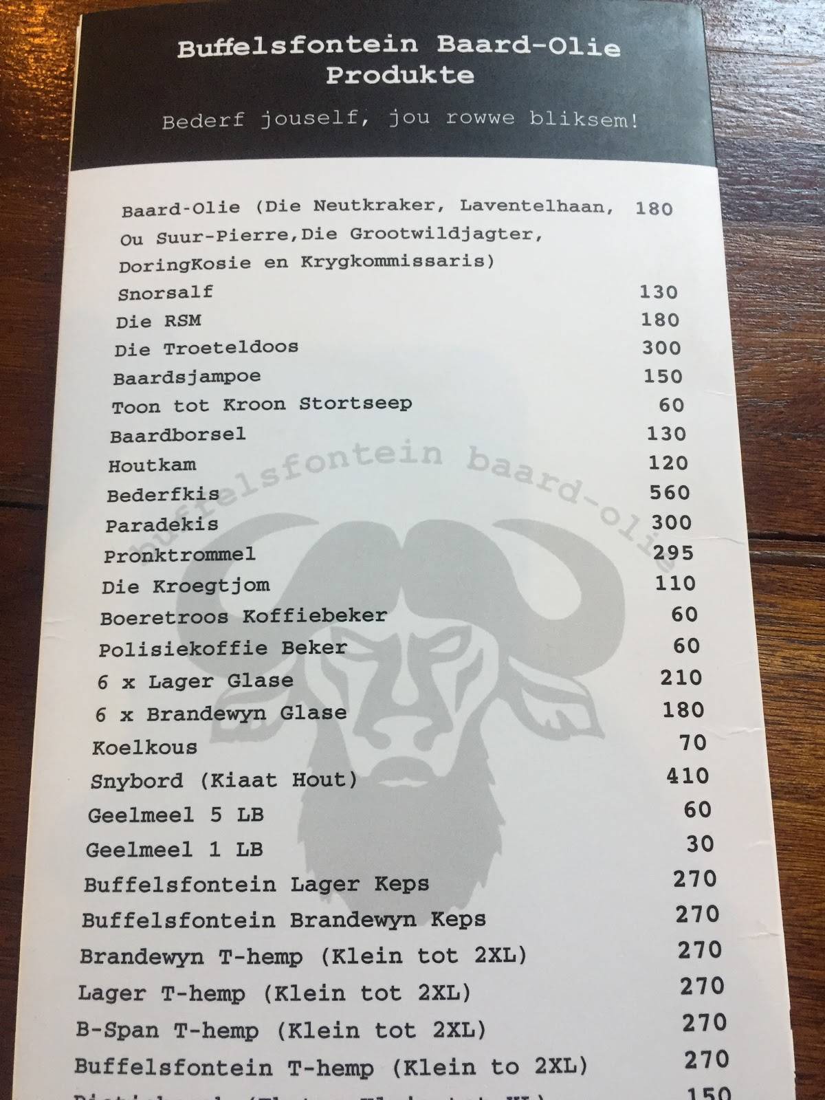 Menu at Buffelsfontein Beesboerdery restaurant, Pretoria