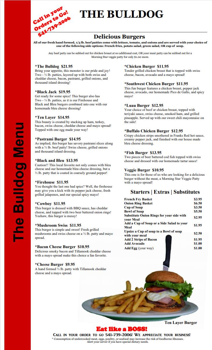 Menu at Bulldog Diner restaurant, Rufus