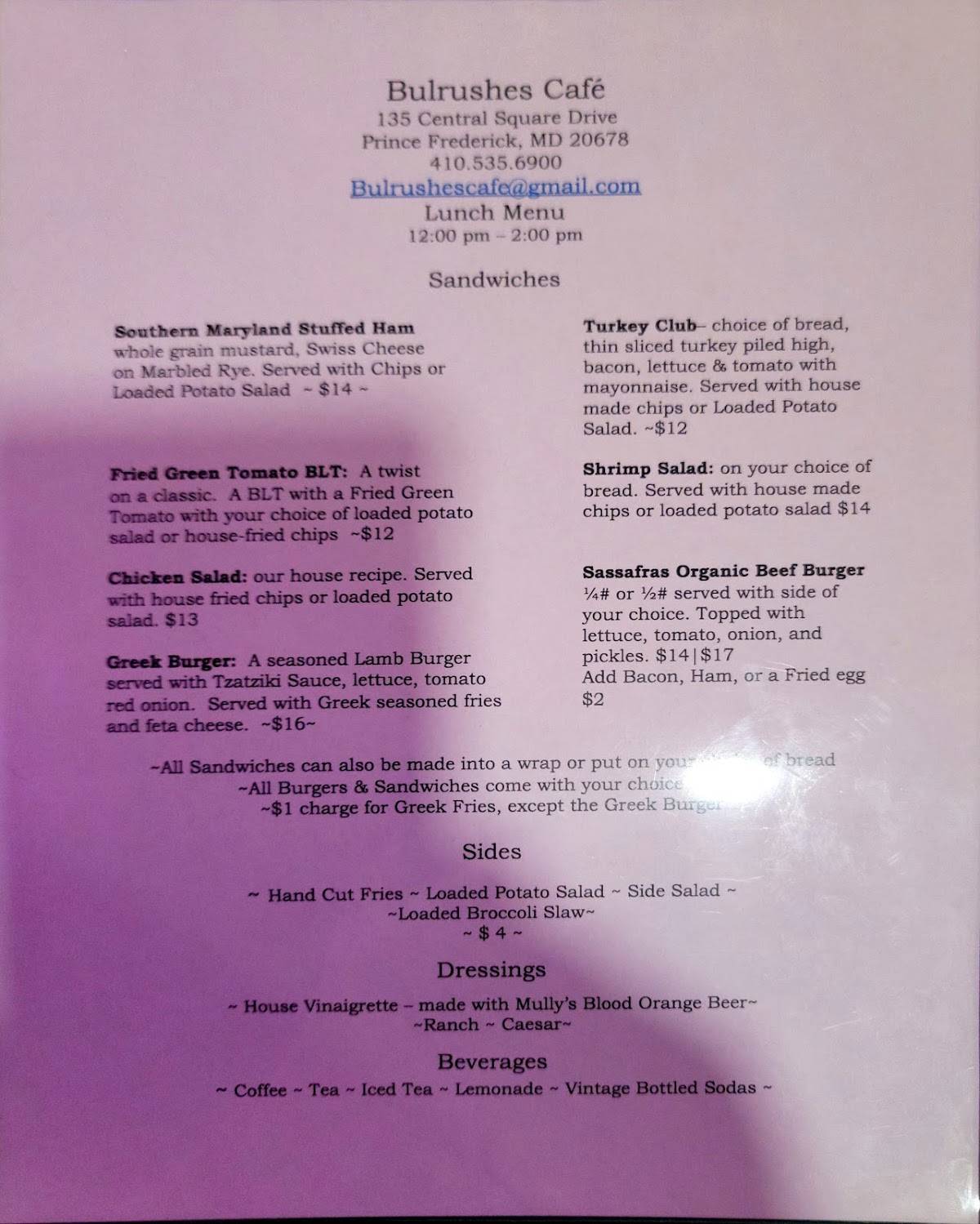 Menu at Bulrushes Cafe, Prince Frederick