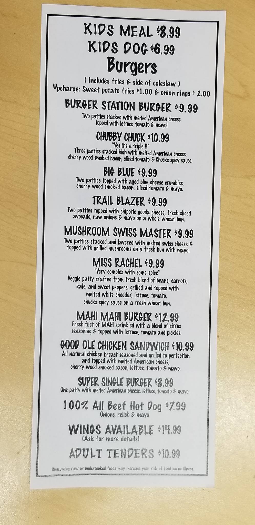 Menu at Burger Station restaurant, Hernando