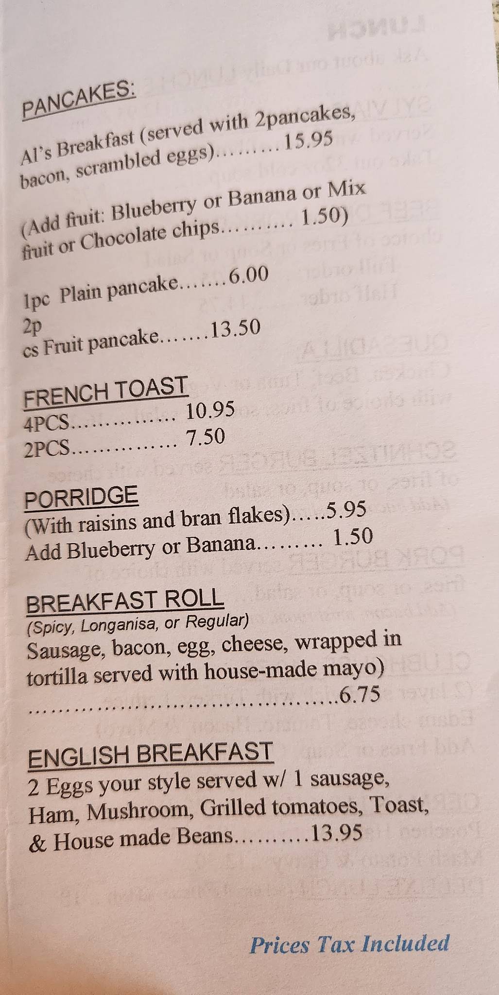 Menu at Fraser Park Restaurant, Burnaby