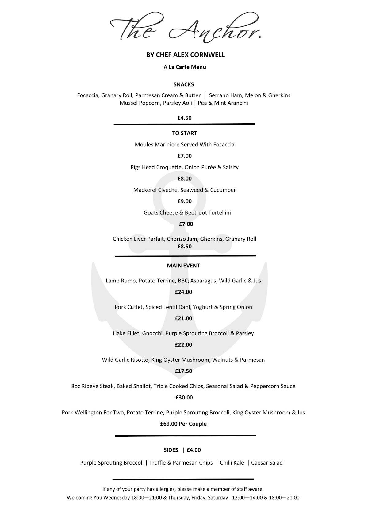 Menu at The Anchor pub & bar, Burwell, 63 North St