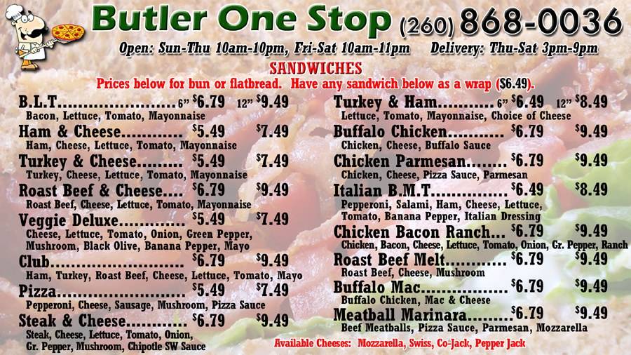 Menu at Butler One Stop pizzeria, Butler