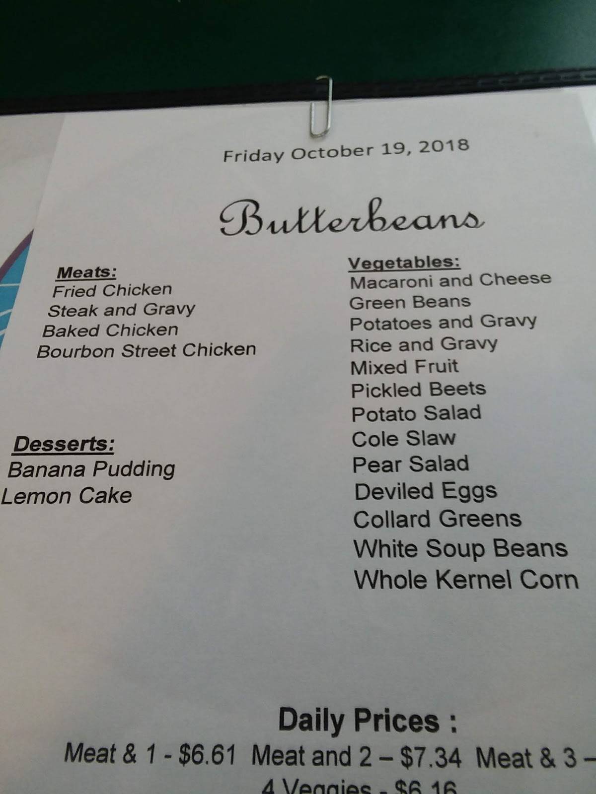 Menu at Butterbeans Restaurant, Easley