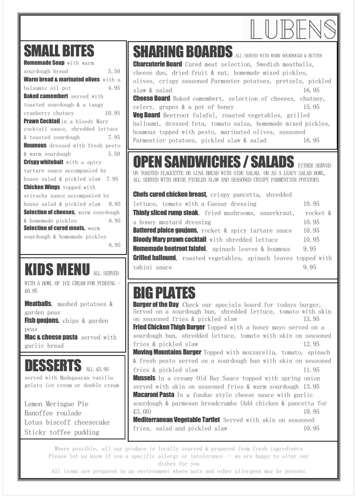Menu at Lubens pub & bar, Buxton