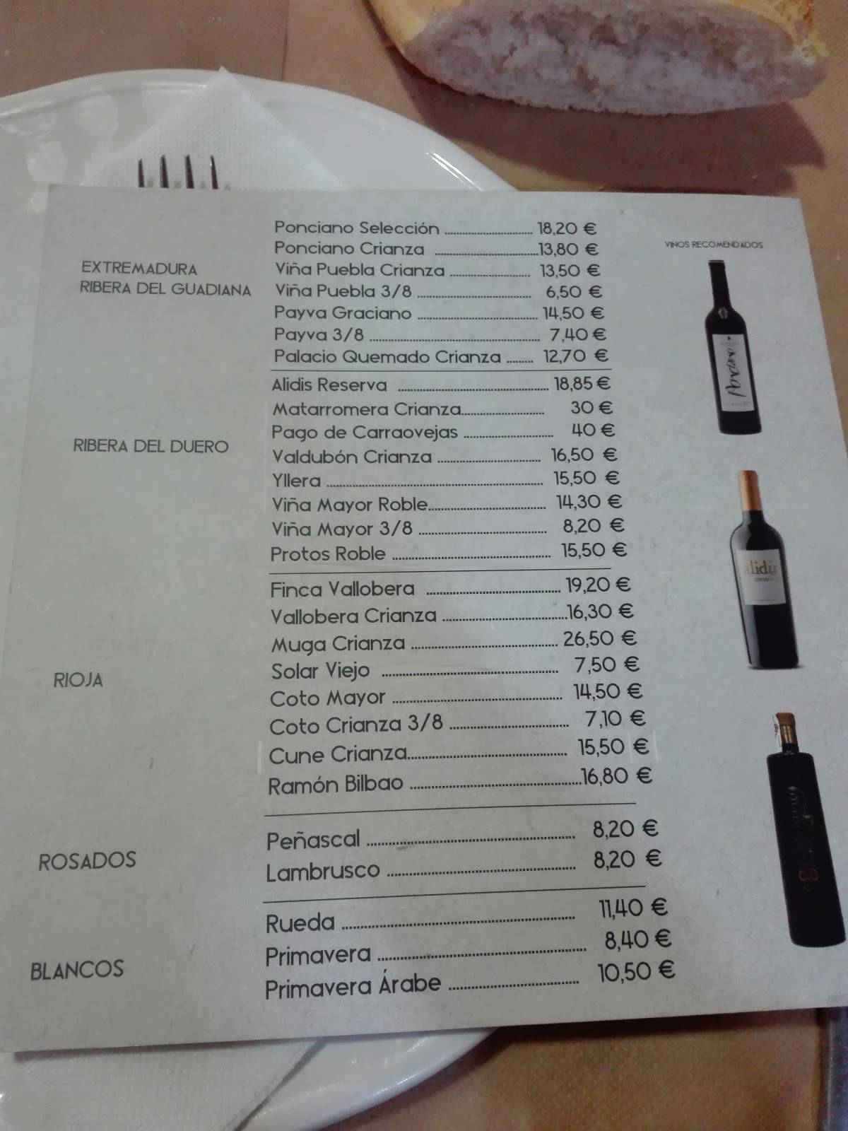 Carta de Restaurante El Castillo, Cabezuela del Valle, Carretera N-110