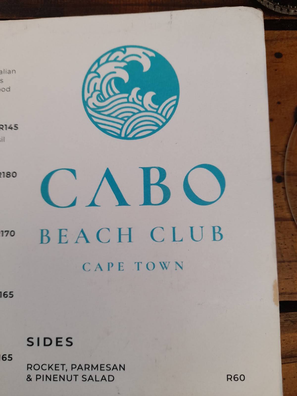Menu at Cabo Beach Club, Cape Town