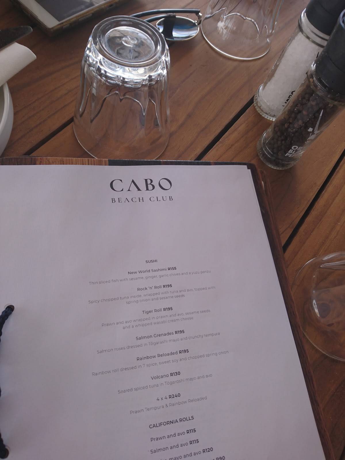 Menu at Cabo Beach Club, Cape Town