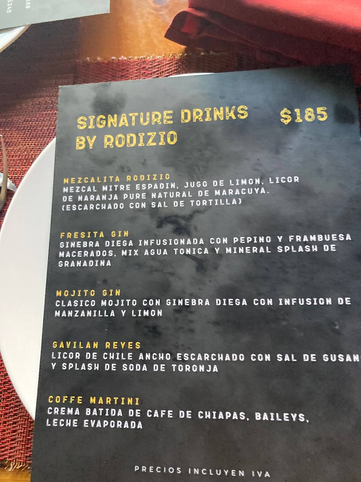 Menu at Rodizio Grill steakhouse, Cabo San Lucas