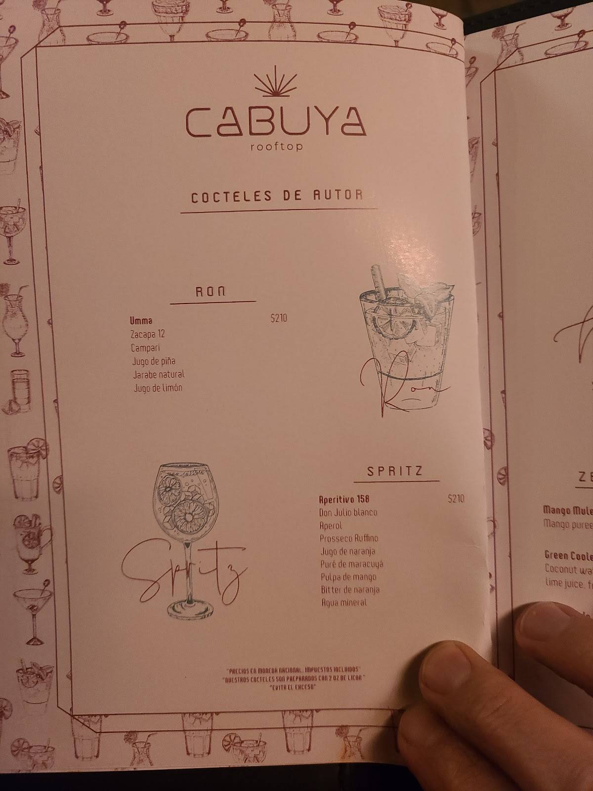 Menu at Cabuya Rooftop restaurant, Mexico City