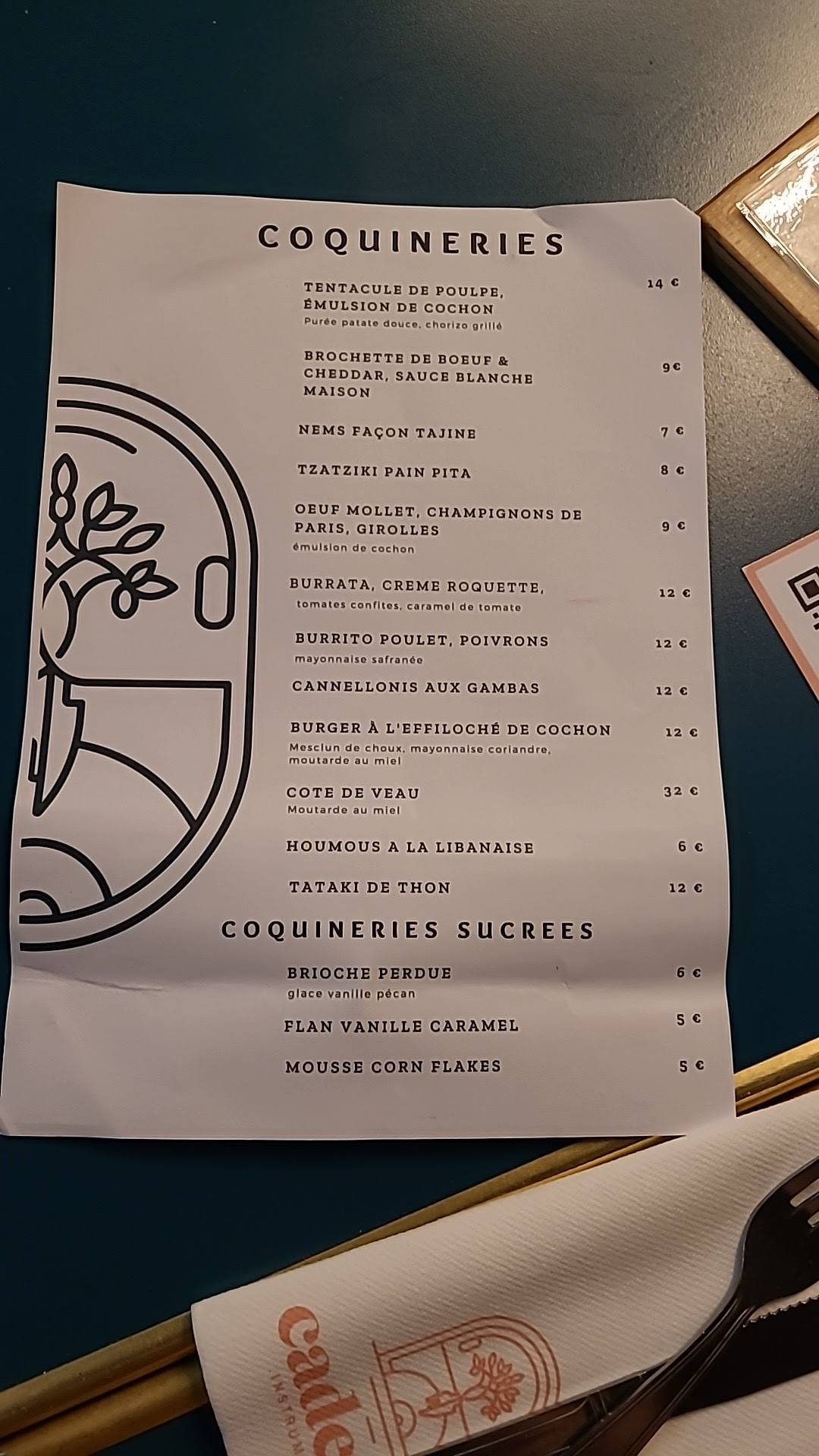 Carta del restaurante Cadence Narbonne, Narbona