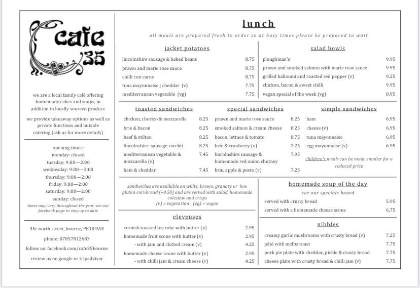 Menu at Cafe 35, Bourne