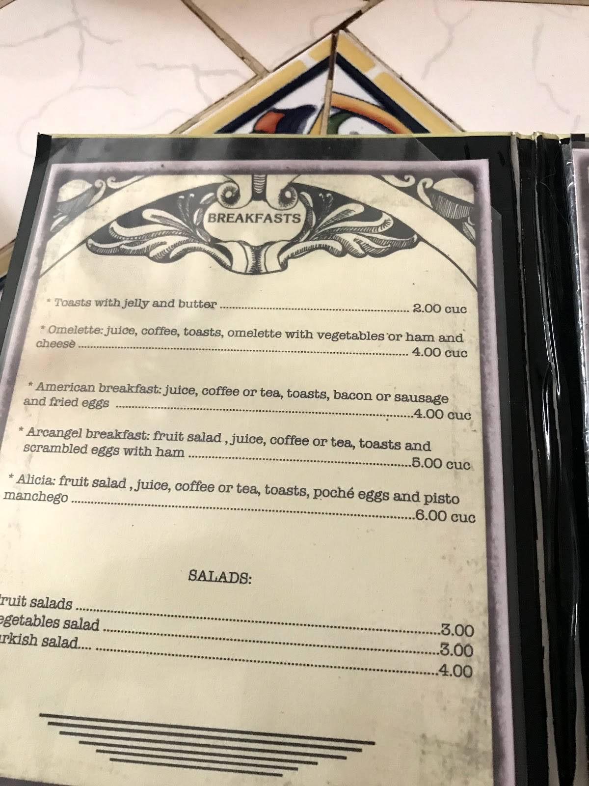 Menu at Cafe Arcangel, Havana, 57 Concordia