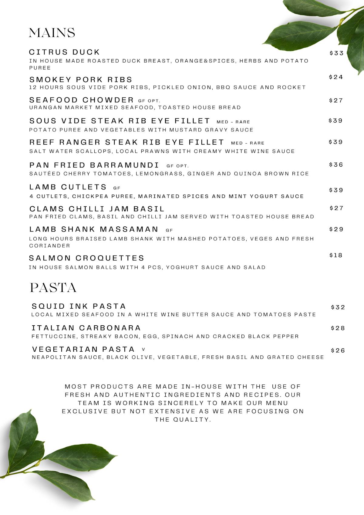 Menu at Cafe Balaena, Urangan