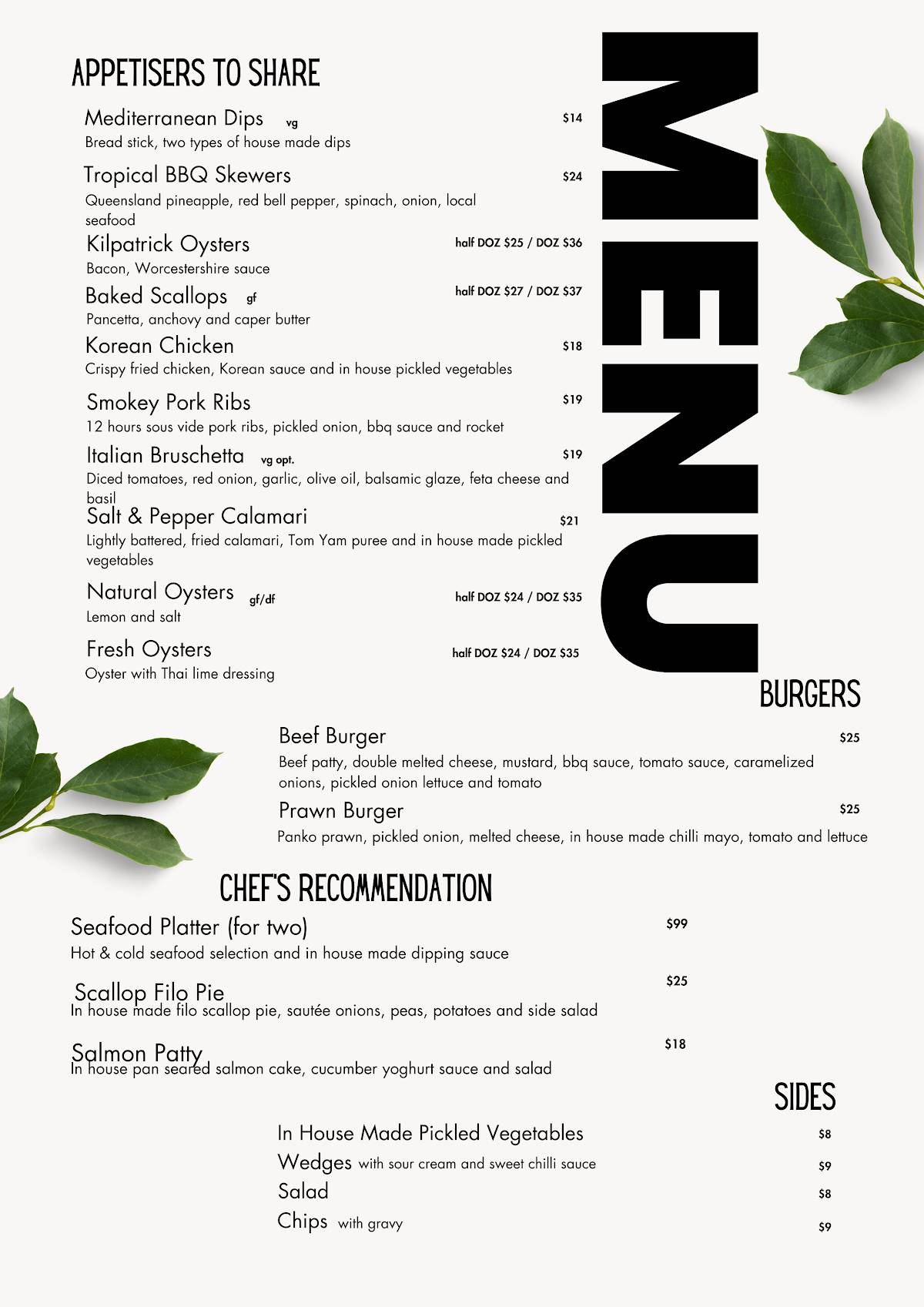 Menu at Cafe Balaena, Urangan