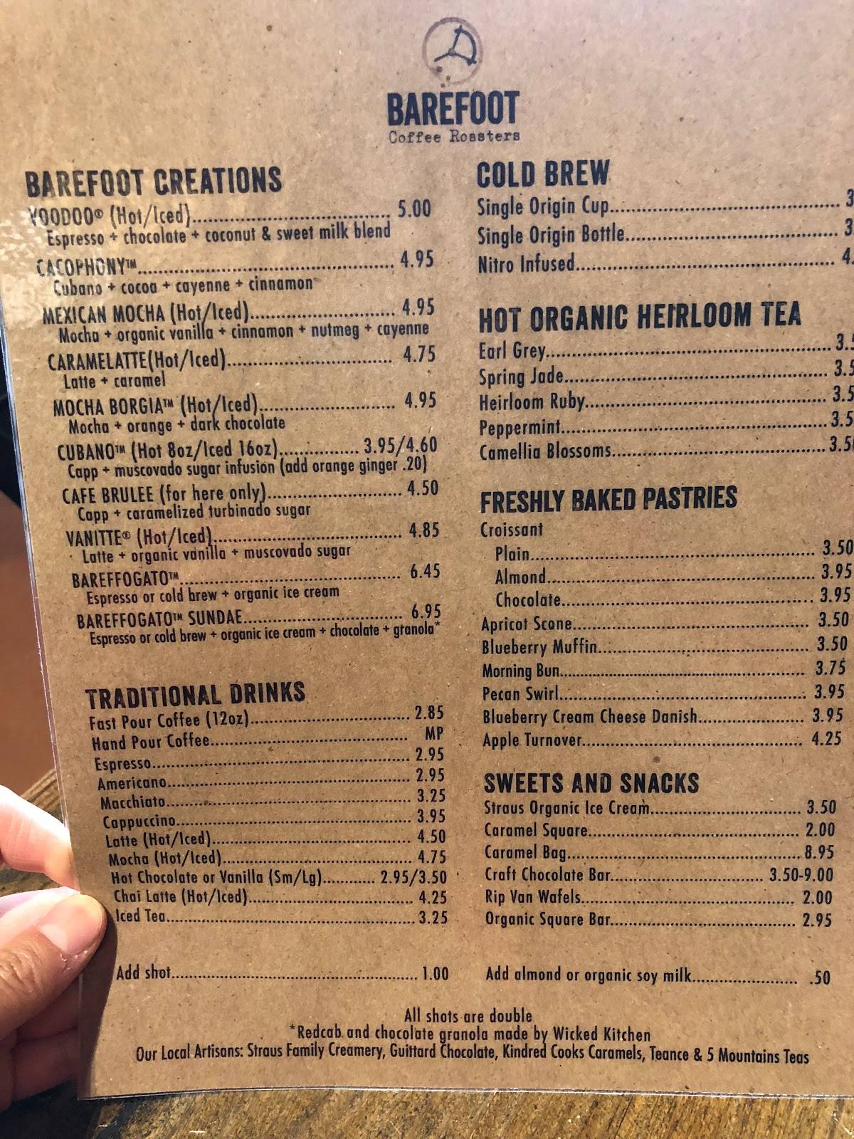 Carta de Barefoot Coffee, Campbell