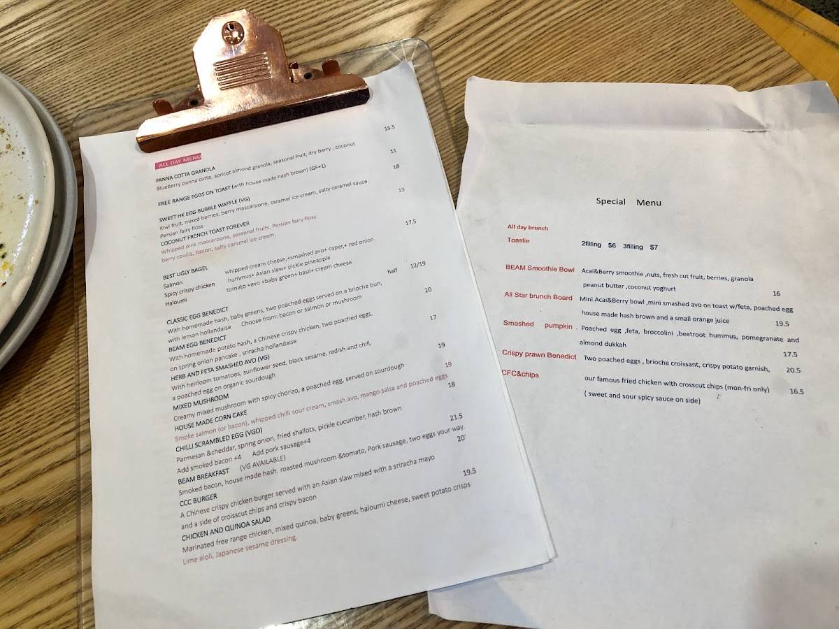 Menu at Beam Cafe, Auckland