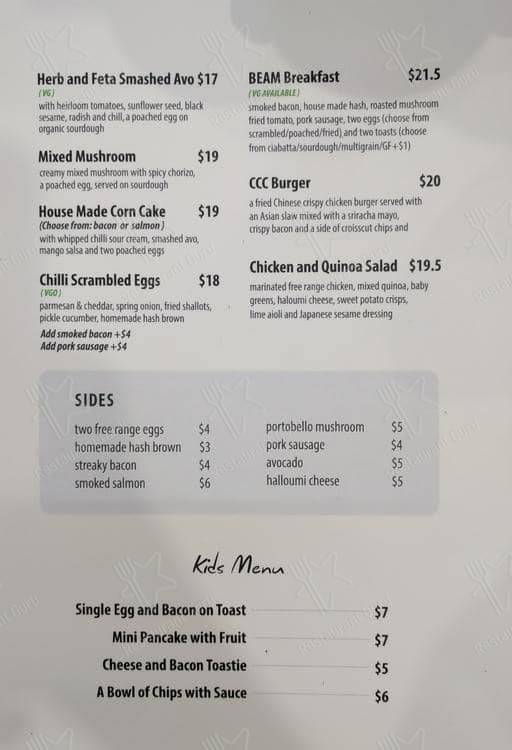Menu at Beam Cafe, Auckland