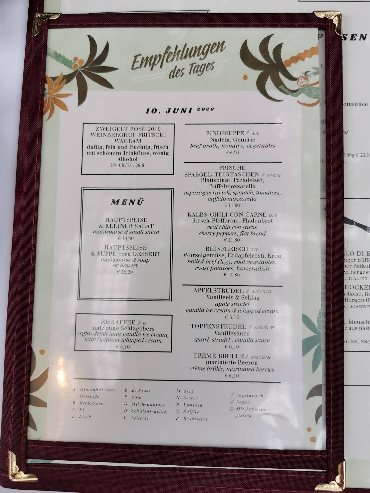 Menu at Brasserie Palmenhaus Wien restaurant, Vienna, Burggarten 1