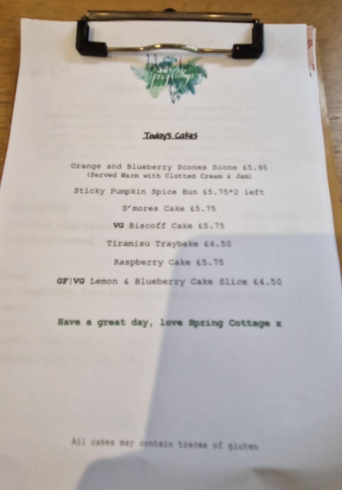 Menu at Café at Spring Cottage cafe, Rivington