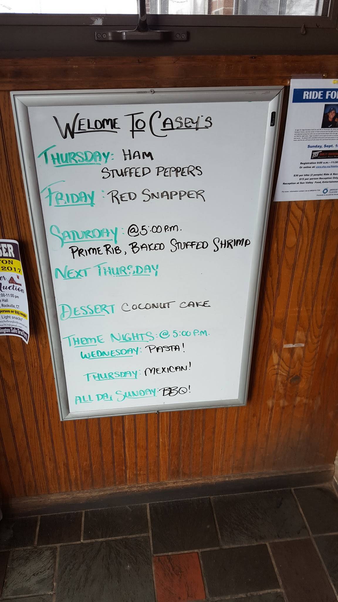 Menu at Casey's Cafe, Ellington