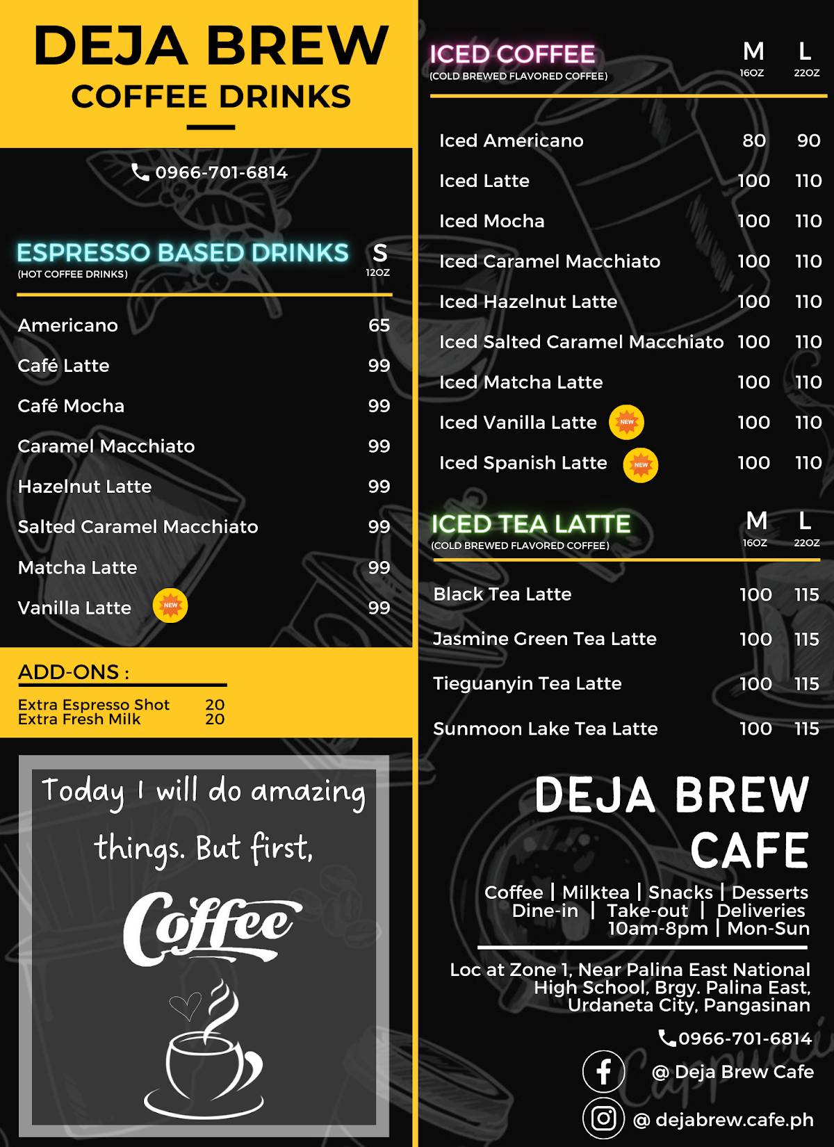 Menu at Deja Brew Cafe, Urdaneta City