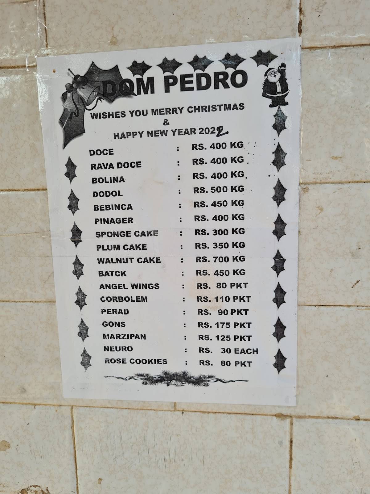 Menu at Cafe Dom Pedro, Vasco da Gama