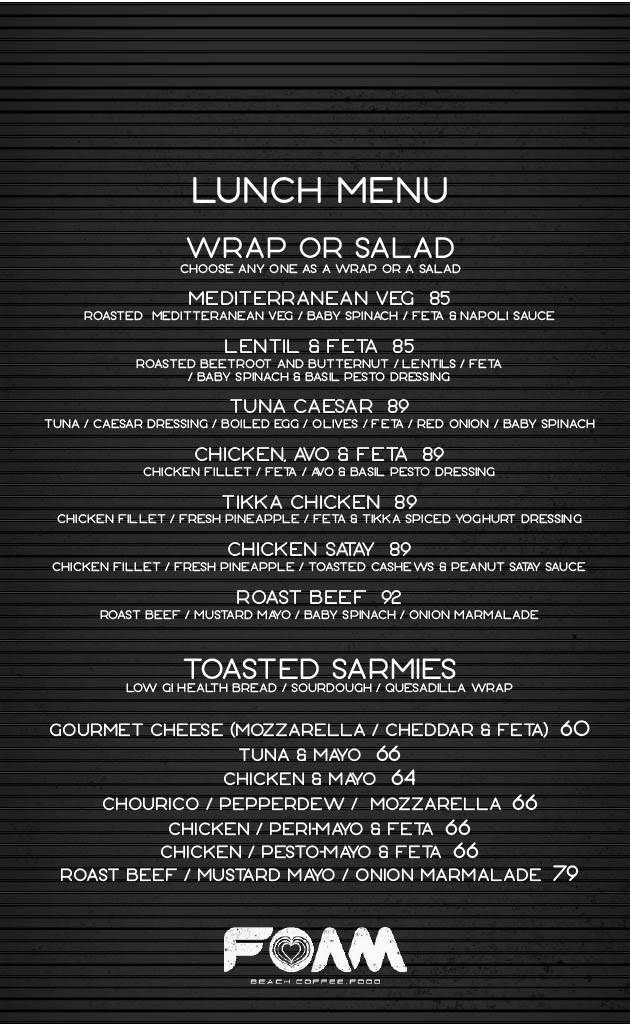Menu at FOAM Coffee cafe, Umdloti
