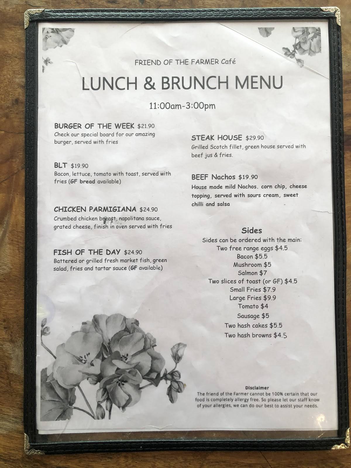 Menu at Friend of the Farmer cafe, Takanini