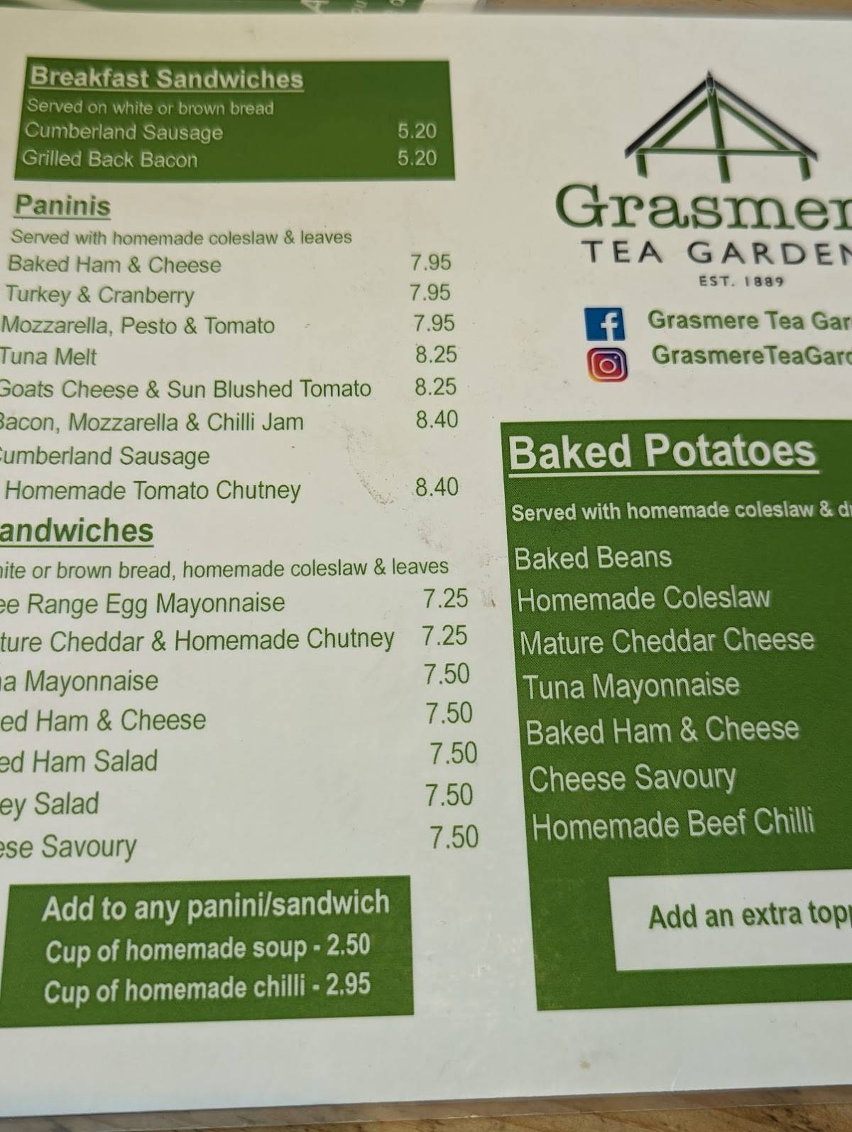 Menu at Grasmere Tea Gardens cafe, Lakes, Church Bridge/Stock La