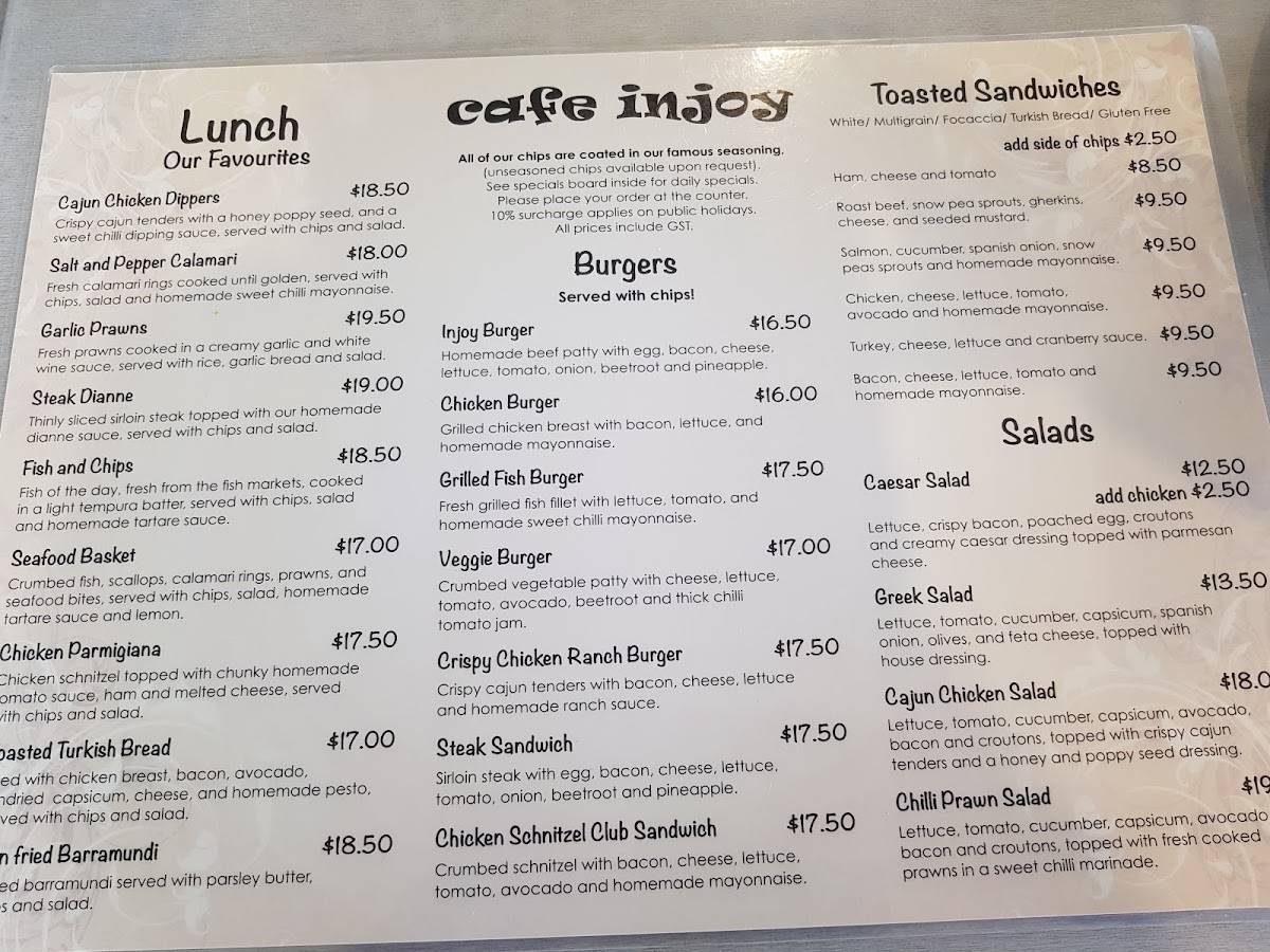 Menu at Cafe Injoy, Nicholls