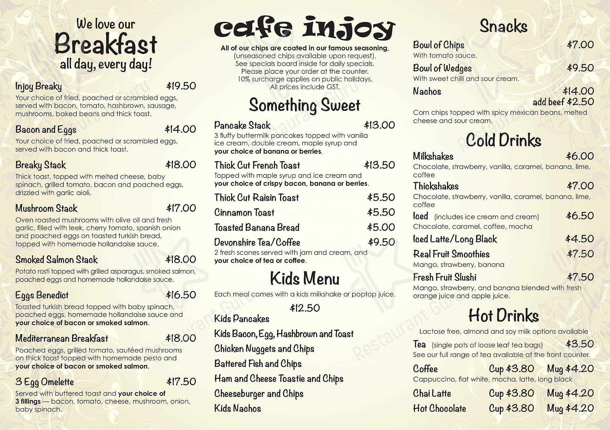 Menu at Cafe Injoy, Nicholls