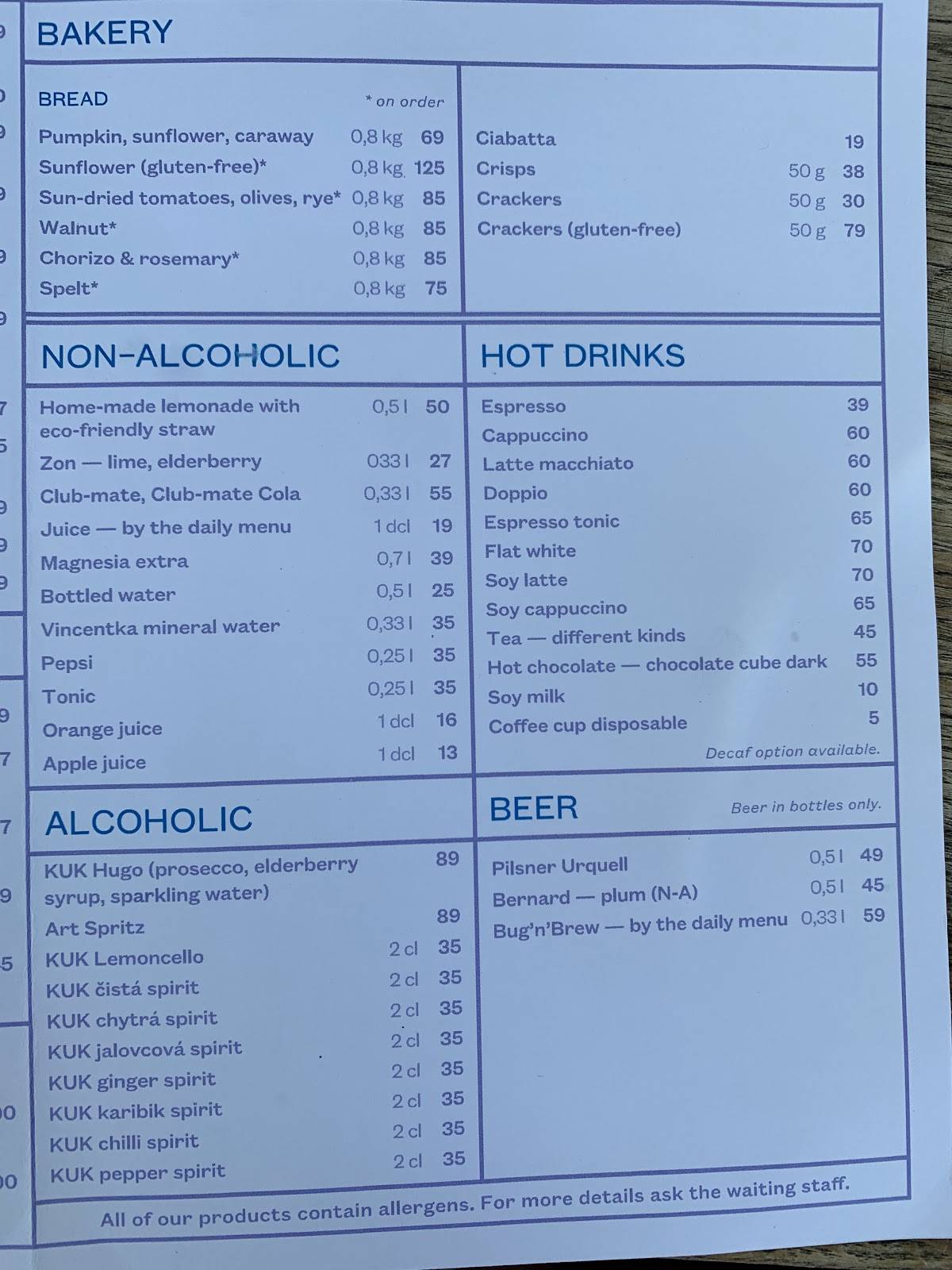 Menu at KUK Bistro cafe, Mikulov